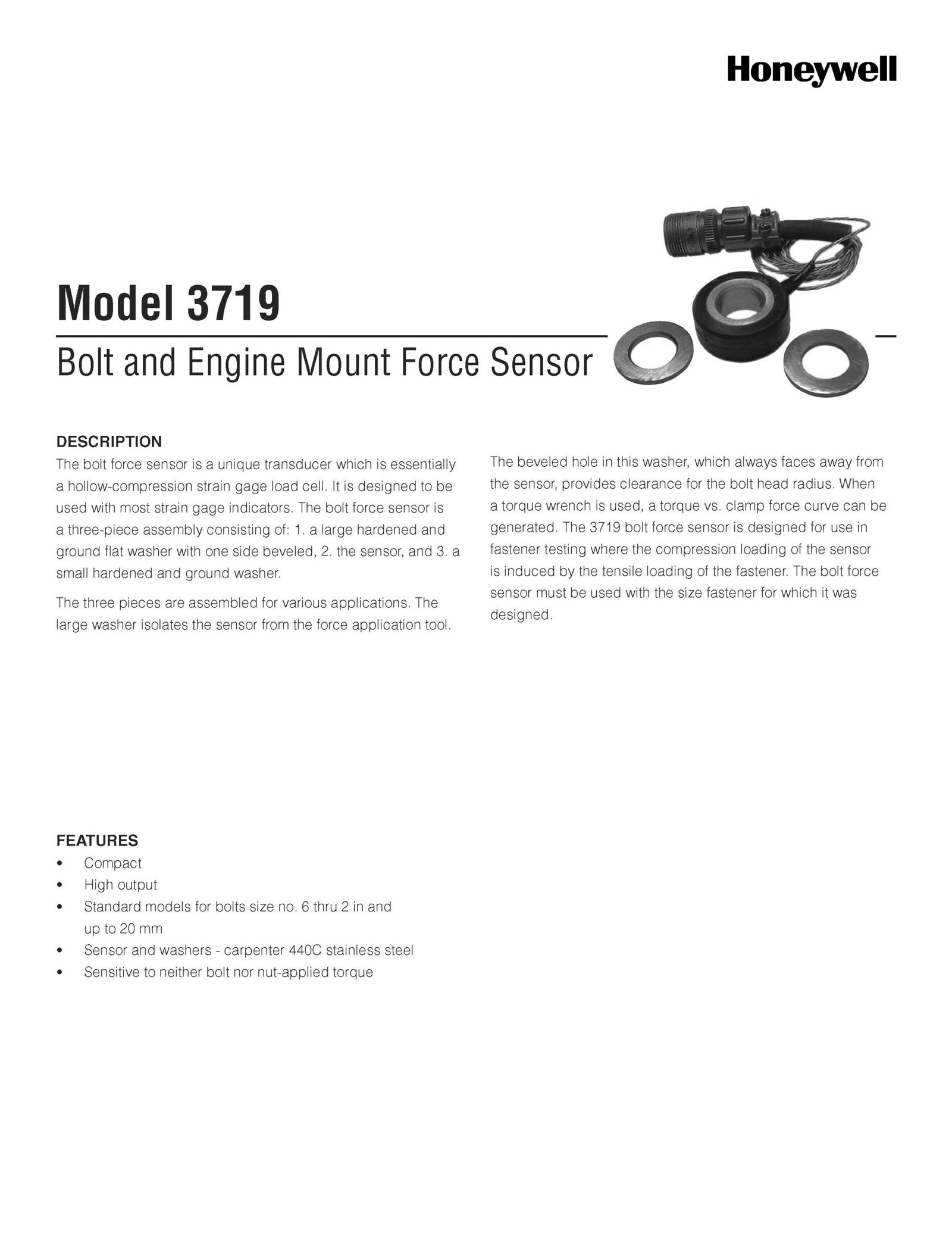Honeywell / Model 3719 / 볼트 및 엔진 마운트용 힘 센서 - KSENSORS : 케이센서스