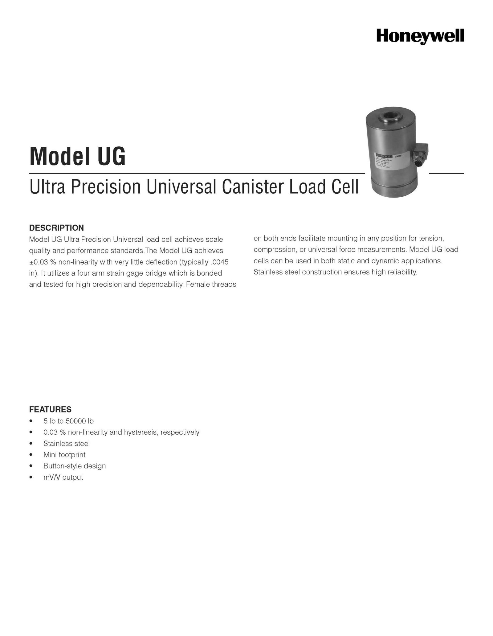 Honeywell / Model UG / 초정밀 범용 캐니스터 로드셀 - KSENSORS : 케이센서스