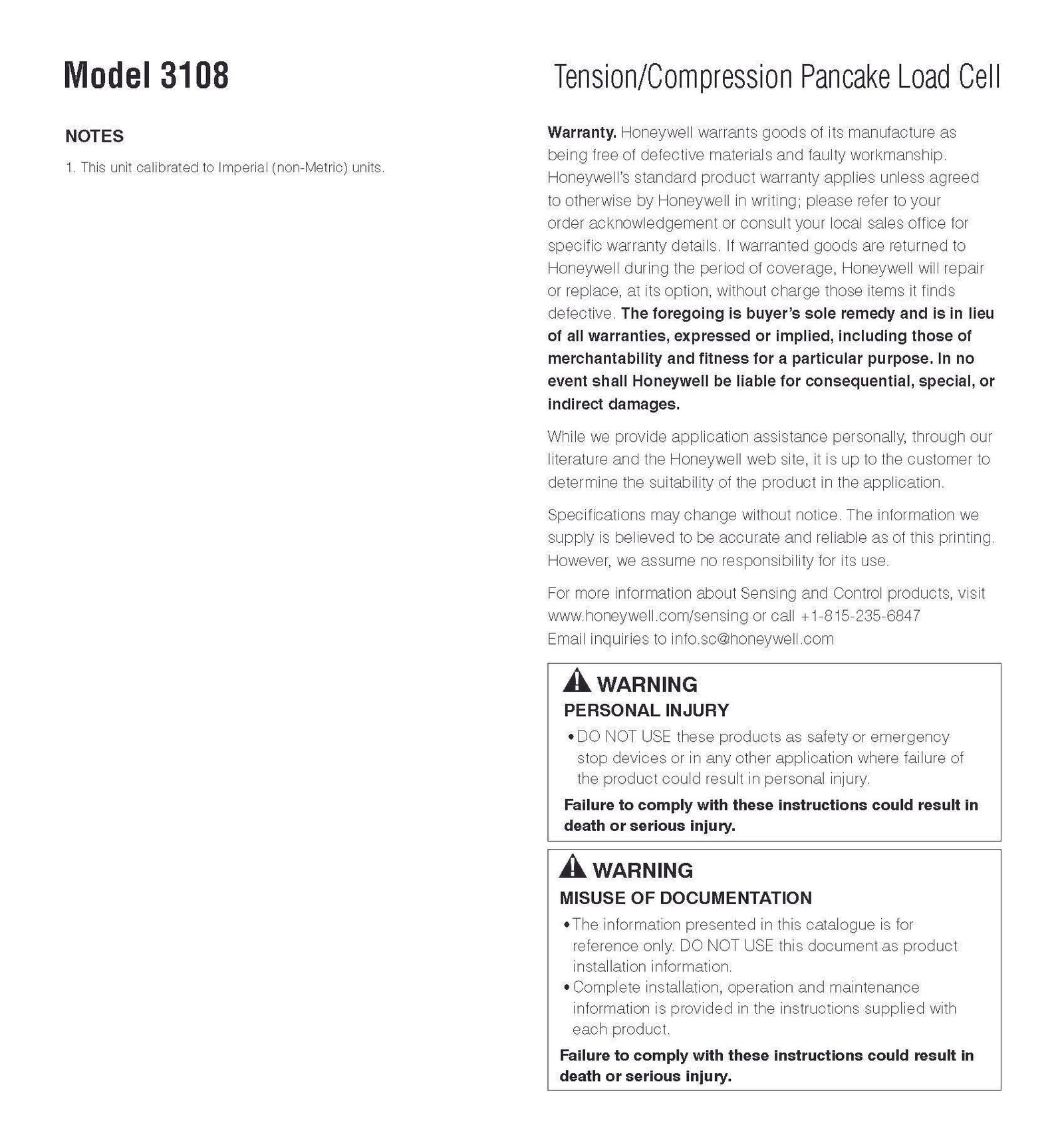 Honeywell / Model 3108 / 인장/압축 팬케이크 로드셀 - KSENSORS : 케이센서스